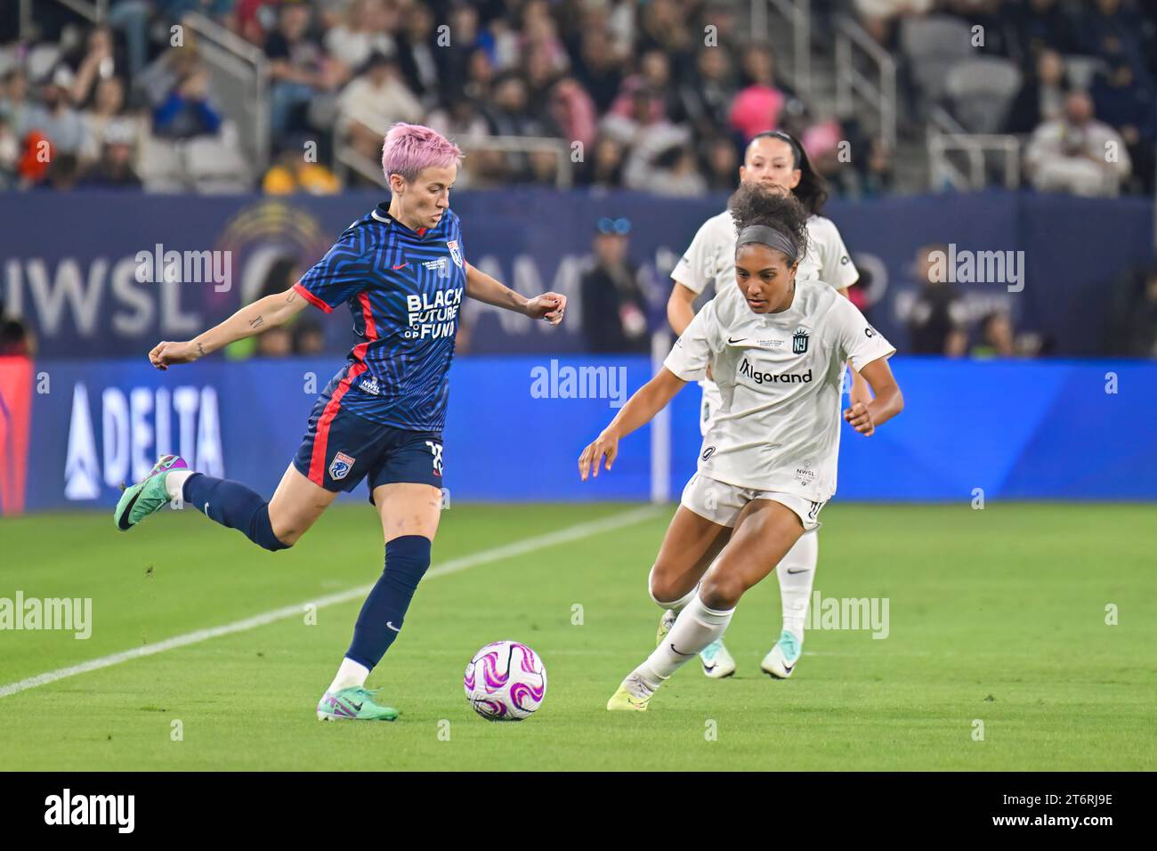 November 11, 2023: OL Reign forward Megan Rapinoe (15) kicks the ball ...