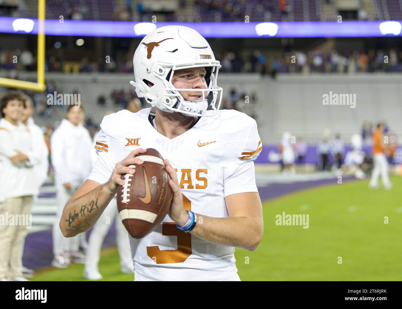 November 11 2023: Texas Longhorns quarterback Quinn Ewers (3) warms up ...