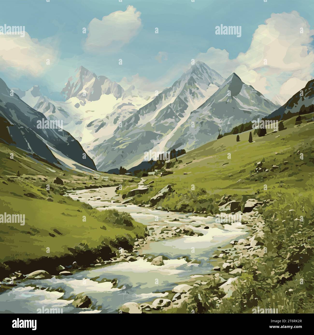 River landscape scene in the Swiss Alps, stream flowing down from snow ...