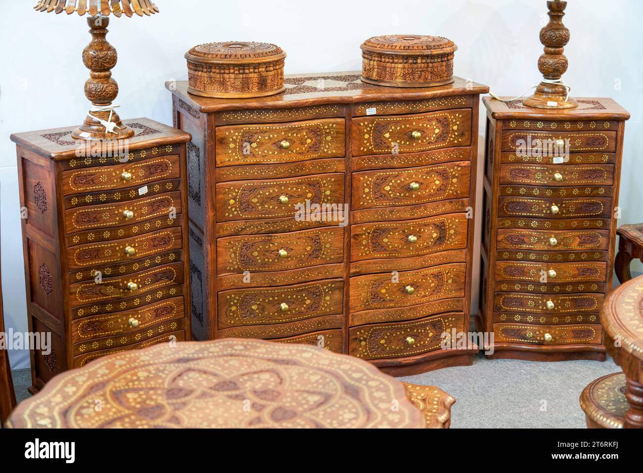 Nepali style furniture furniture tables, chairs and cabinets close-up ...