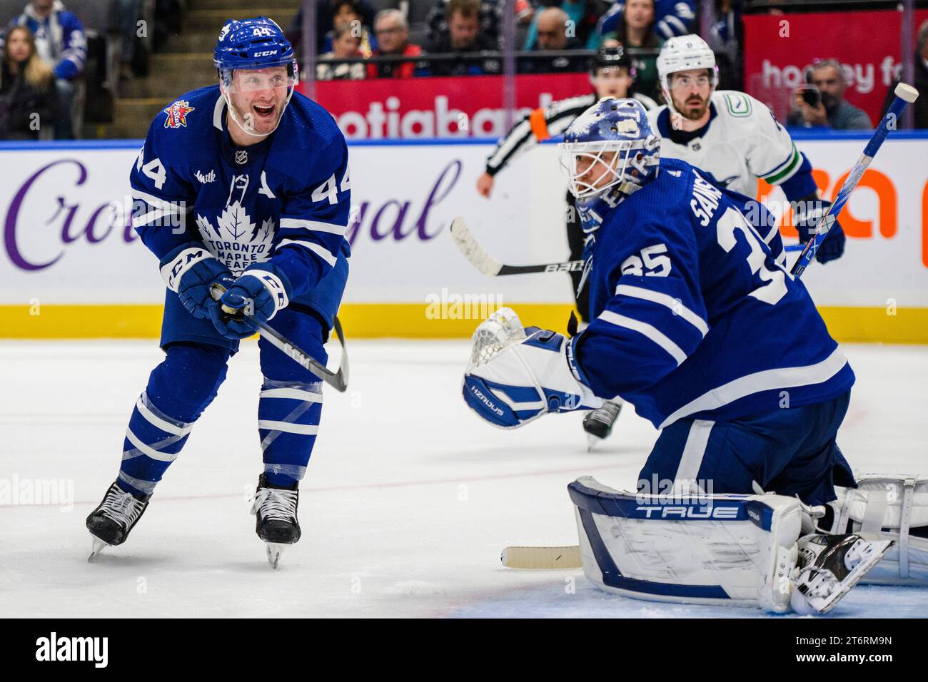 Toronto Maple Leafs defenseman Morgan Rielly (44) calls out while ...