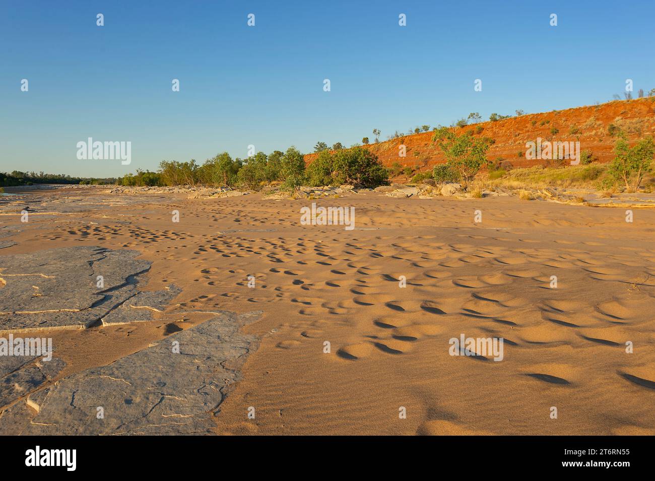 Footprints in the sand of the dry riverbed of the Orb River in the ...