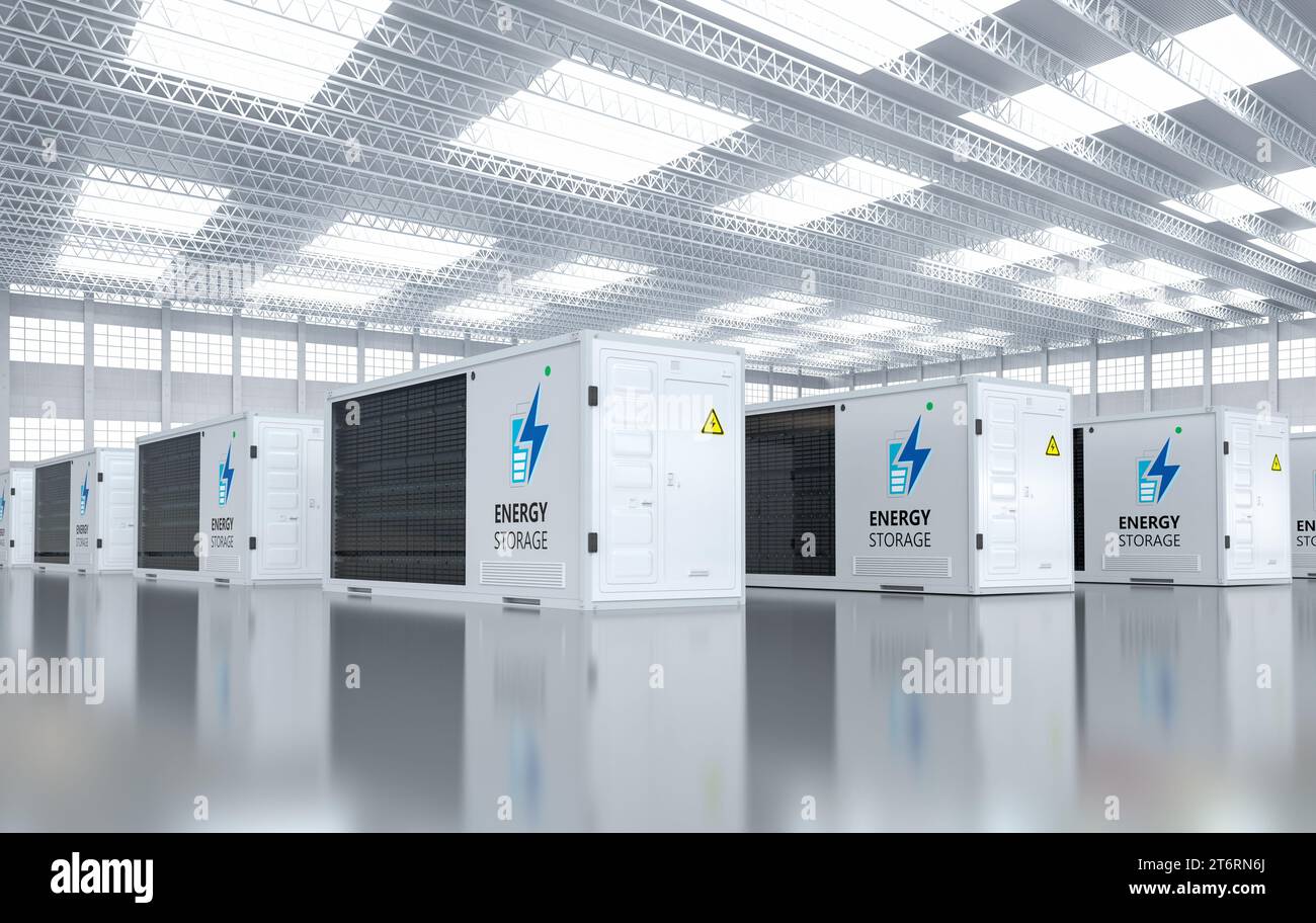 3d rendering group of energy storage system or battery container units ...