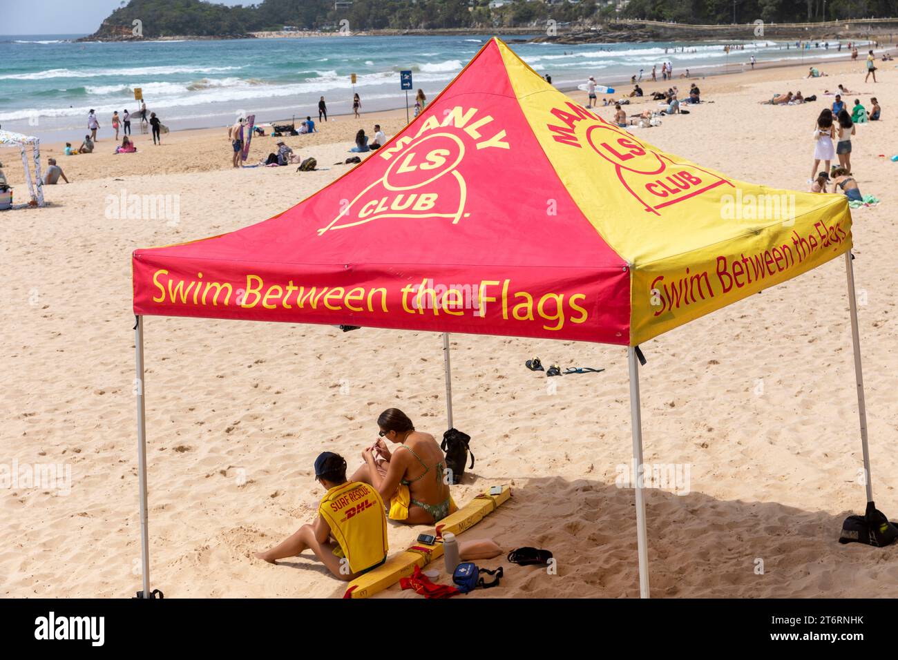 Surf Rescue volunteers on Manly Beach Sydney sitting under shade tent ...