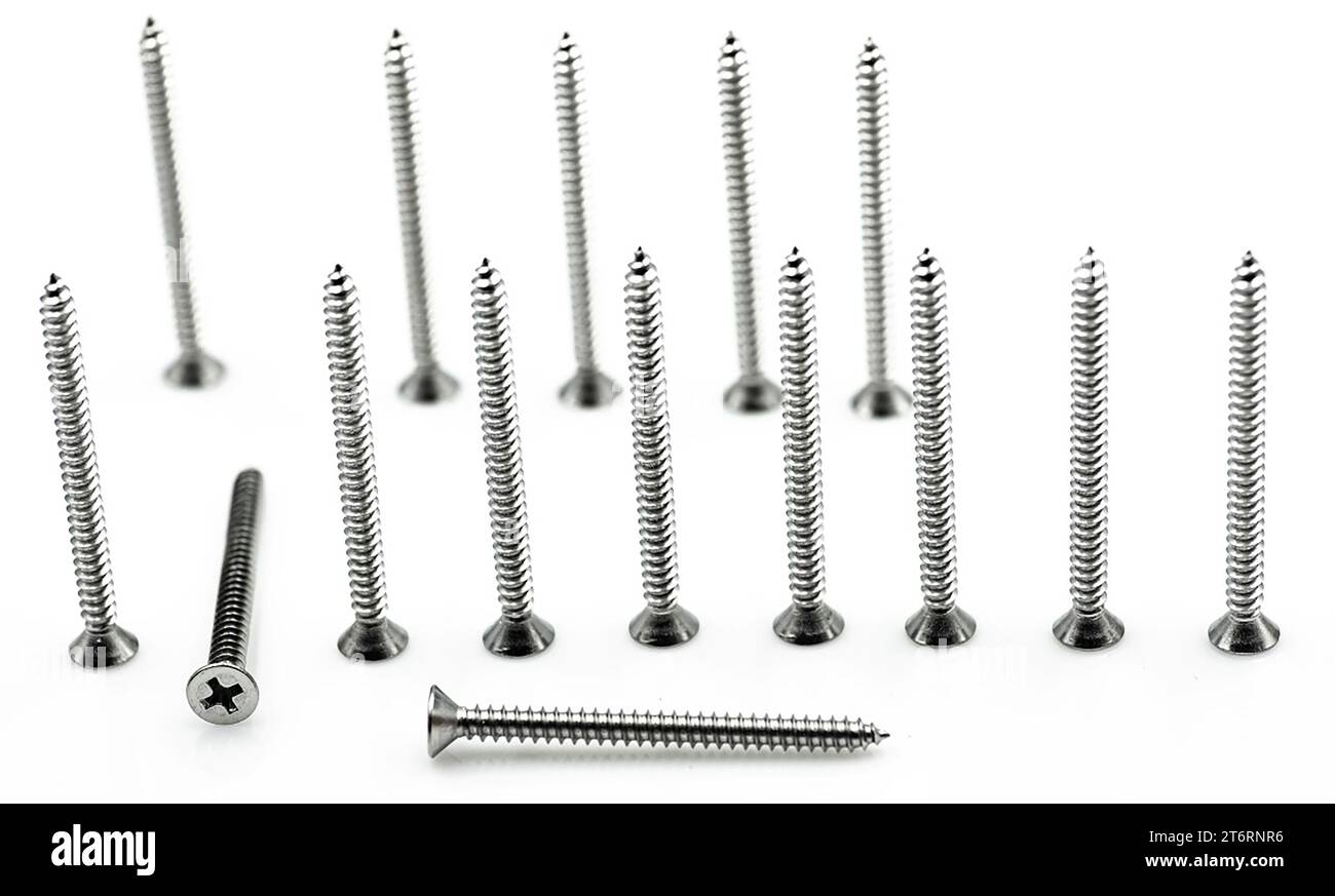 Wood screws arranged on white background Stock Photo - Alamy