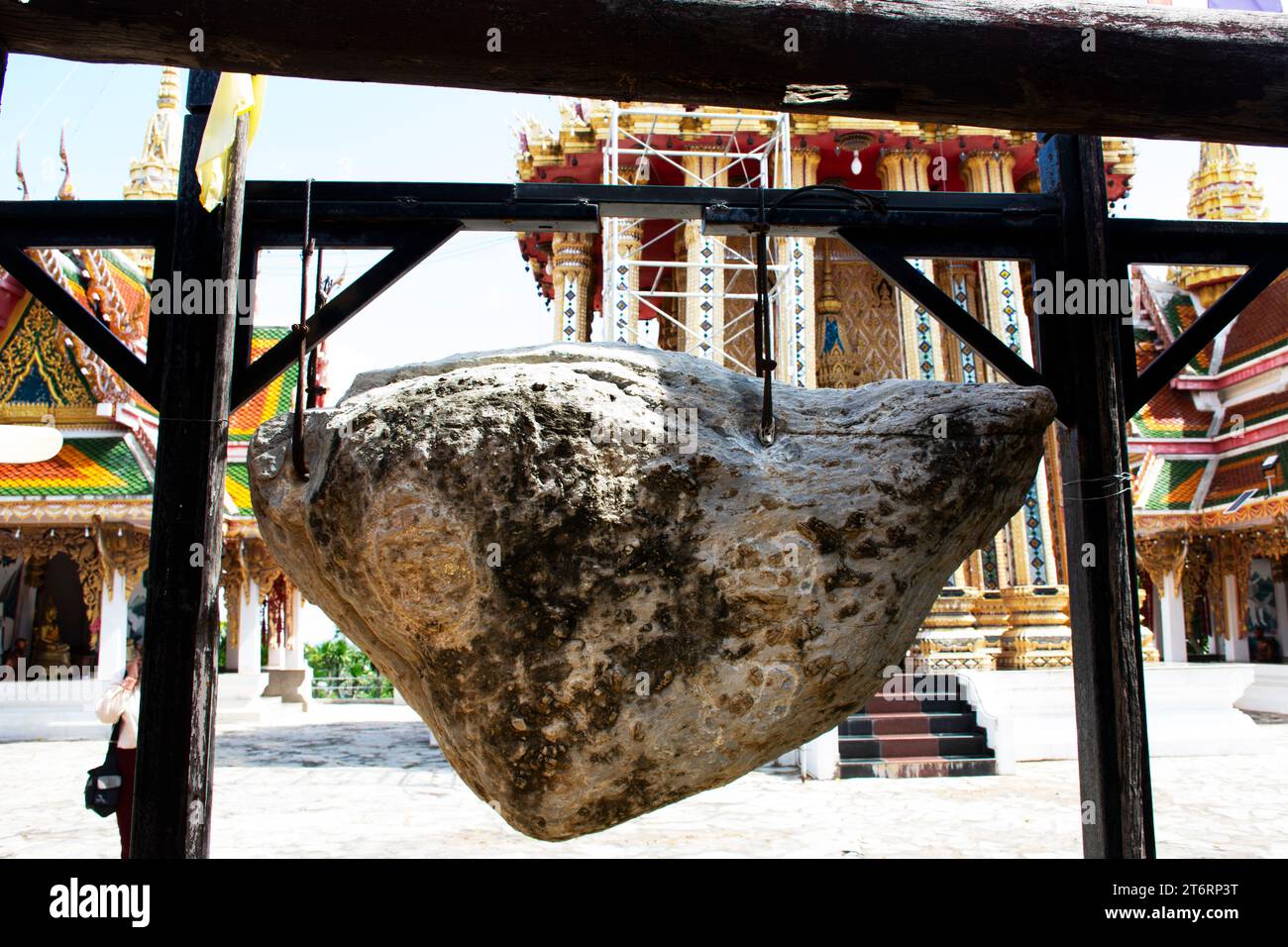 Antique stone bell at ancient ruins stupa chedi on mountain hill of Wat ...