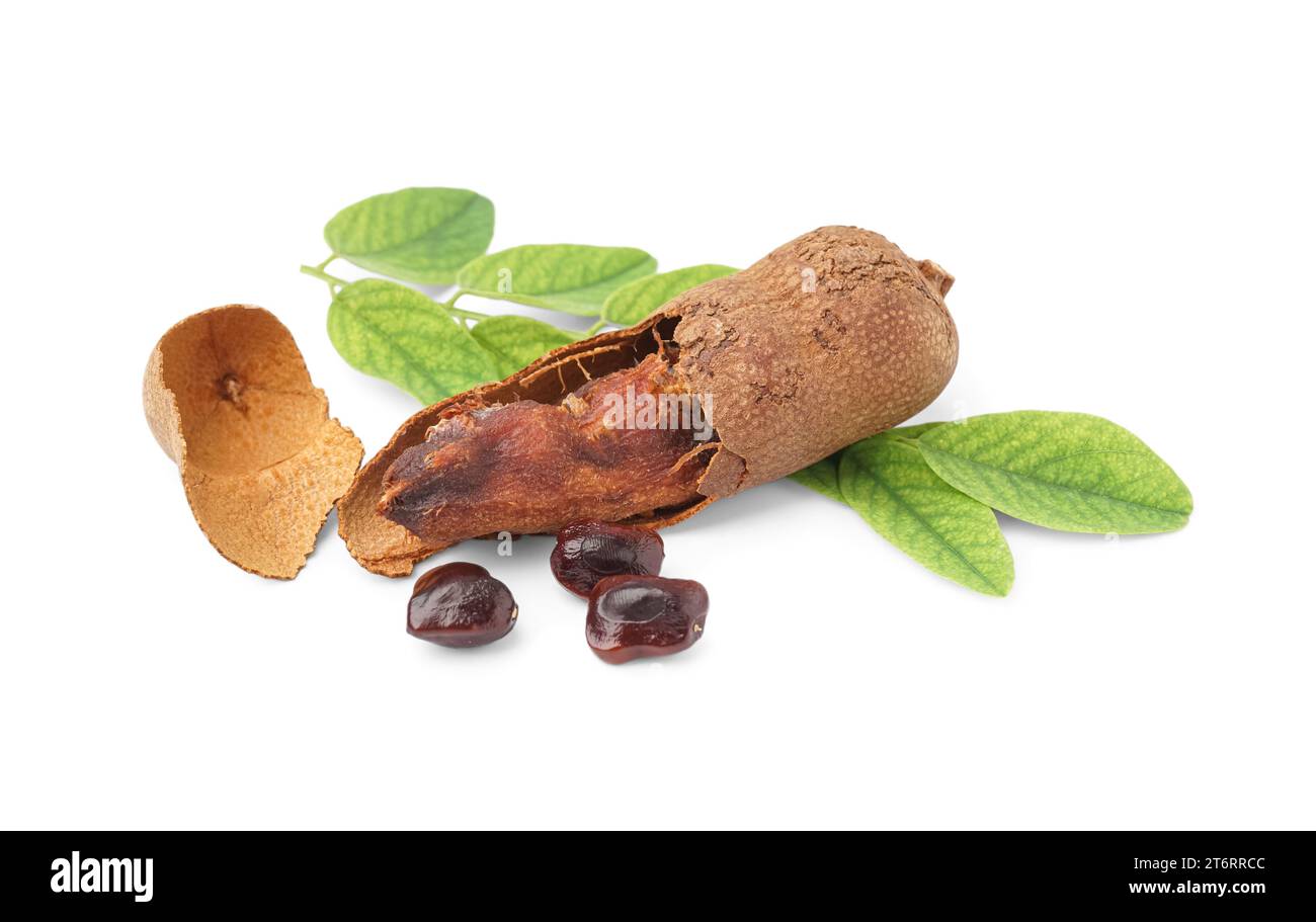 Tasty tamarind, leaf and seeds on white background Stock Photo - Alamy