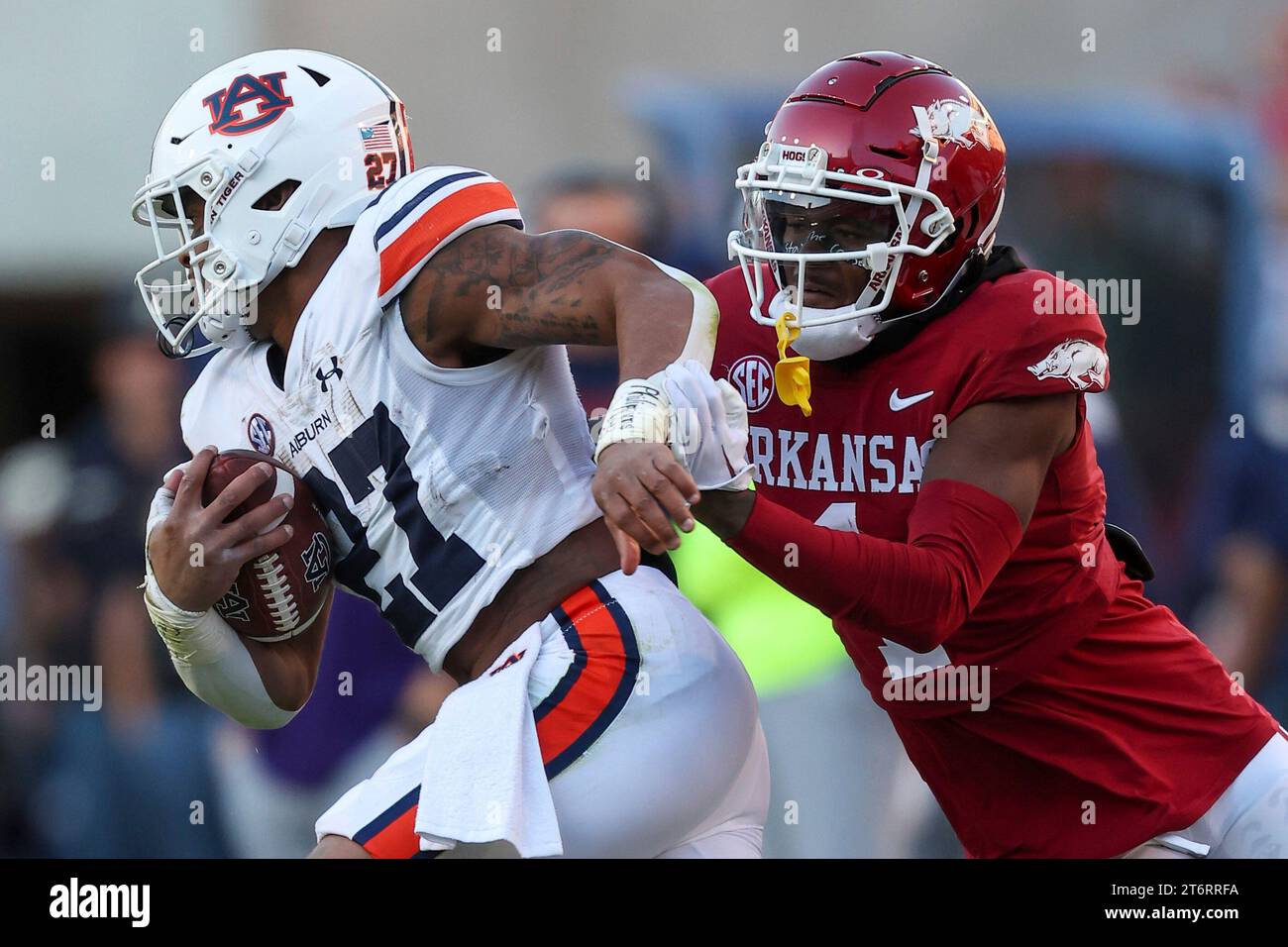 November 11, 2023: Arkansas defensive back Lorando Johnson #1 grabs ...