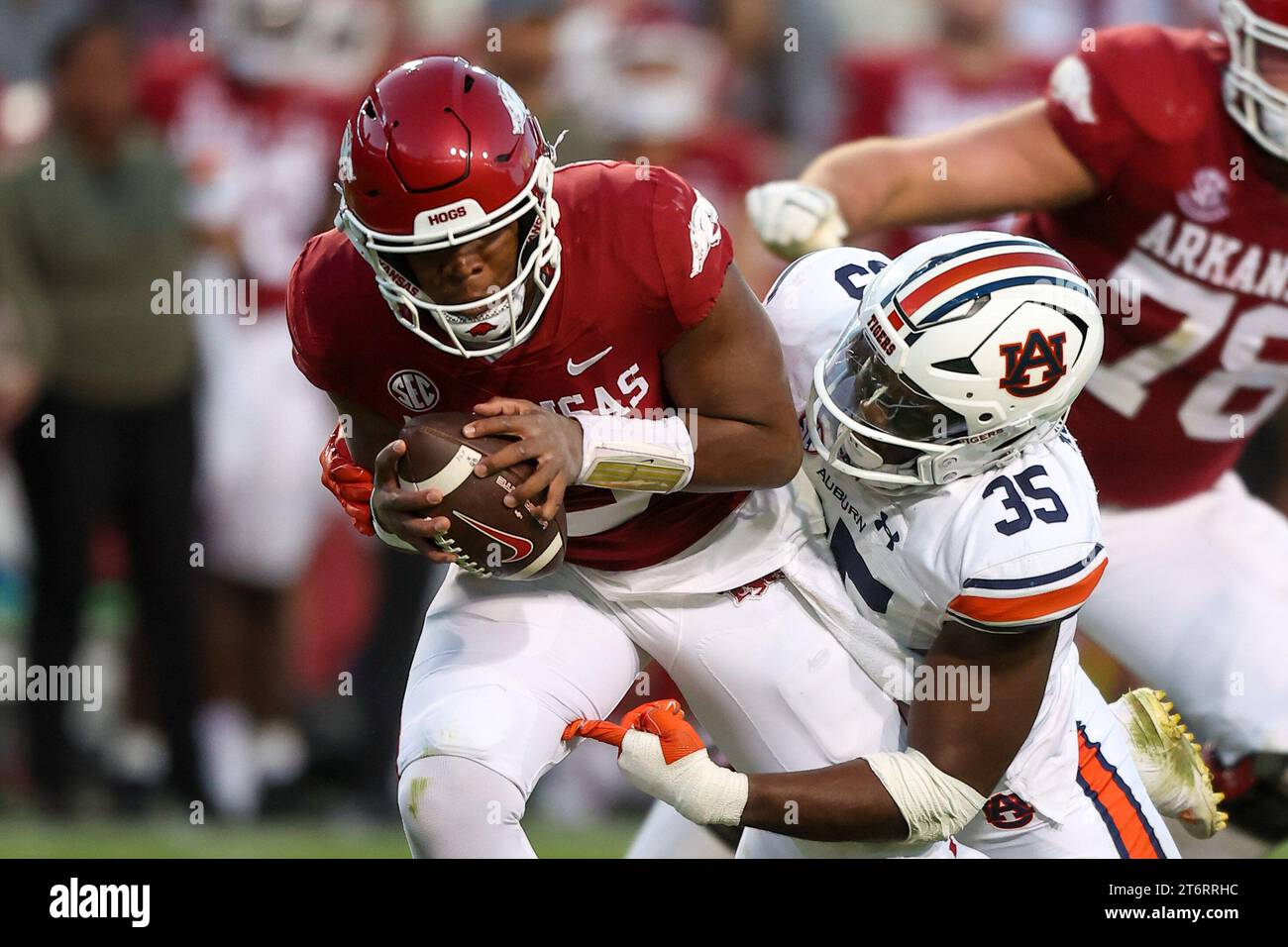 November 11, 2023: Arkansas QB Jacolby Criswell #6 is sacked by Auburn ...