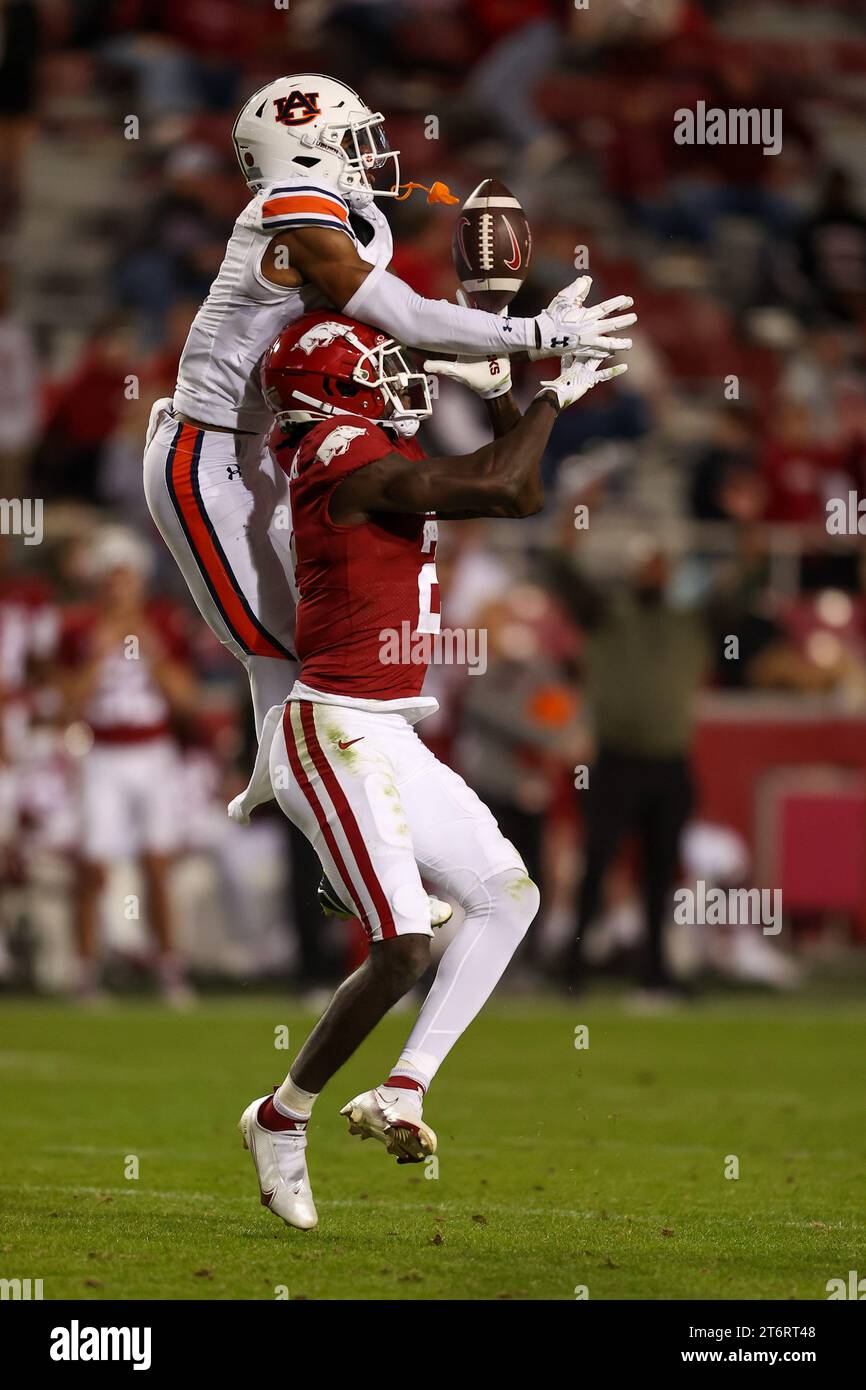 November 11, 2023: Auburn defender Kayin Lee # goes up over Arkansas ...