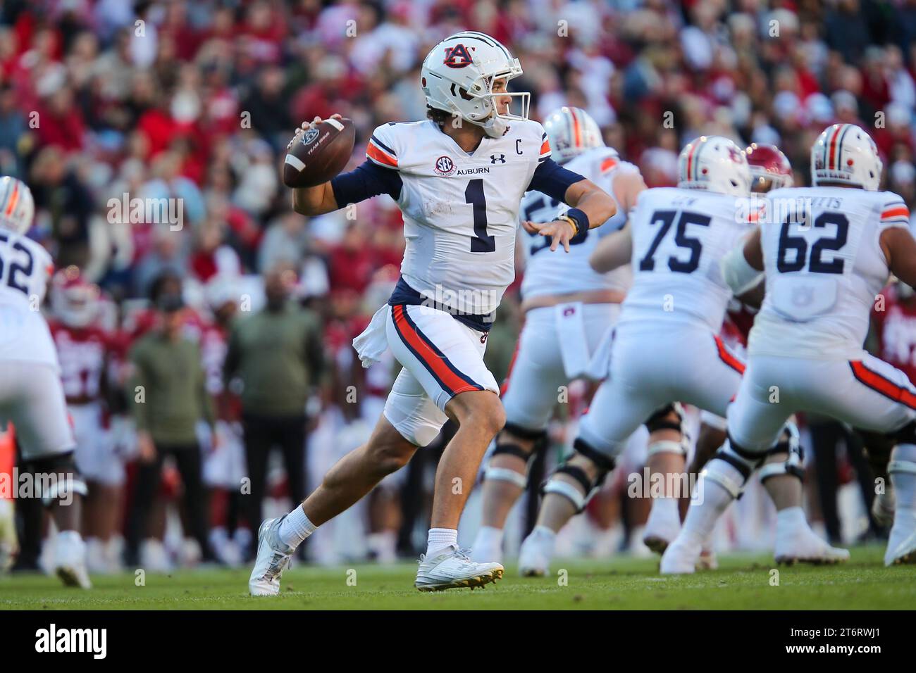 November 11, 2023: Tigers QB Payton Thorne #1 rolls out from the pocket looking up the field ...