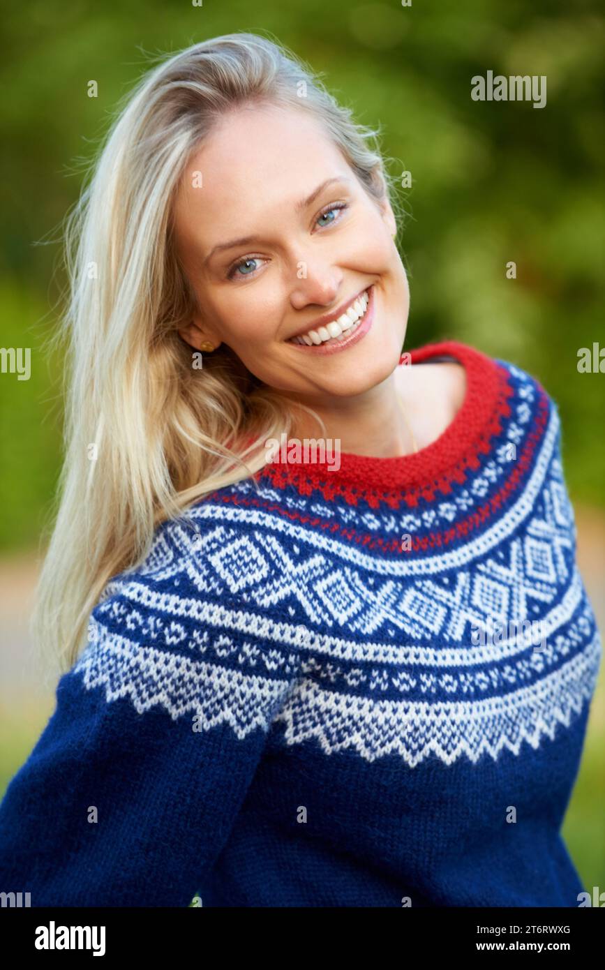 Park, happy and portrait of woman in nature with smile for freedom ...
