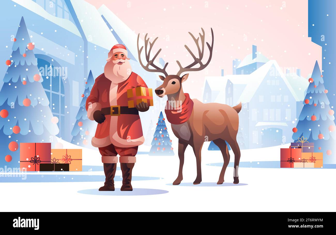 santa claus with reindeer standing town street with decorated christmas ...