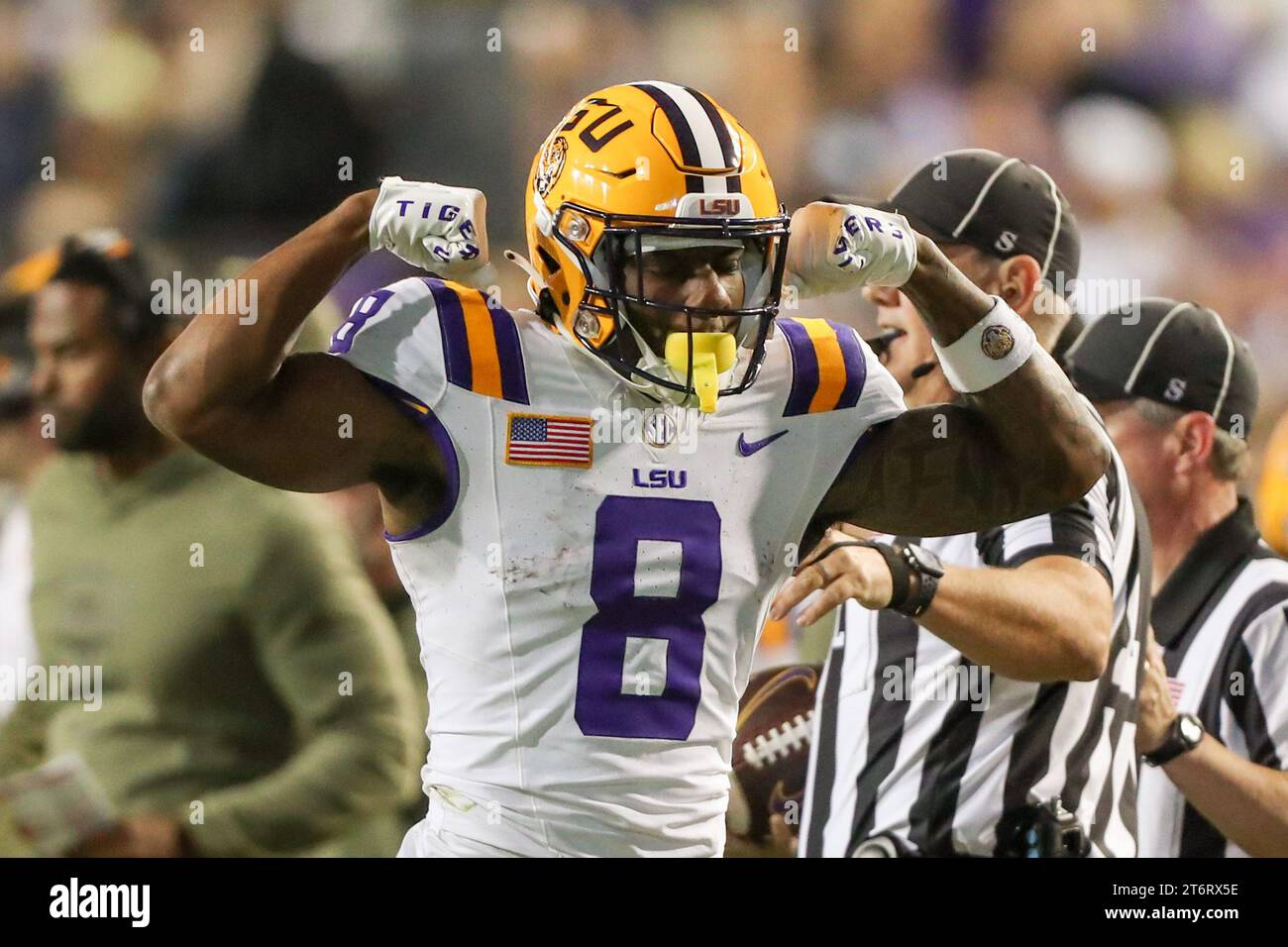 November 11, 2023: LSU wide receiver Malik Nabers (8) flexes after a ...