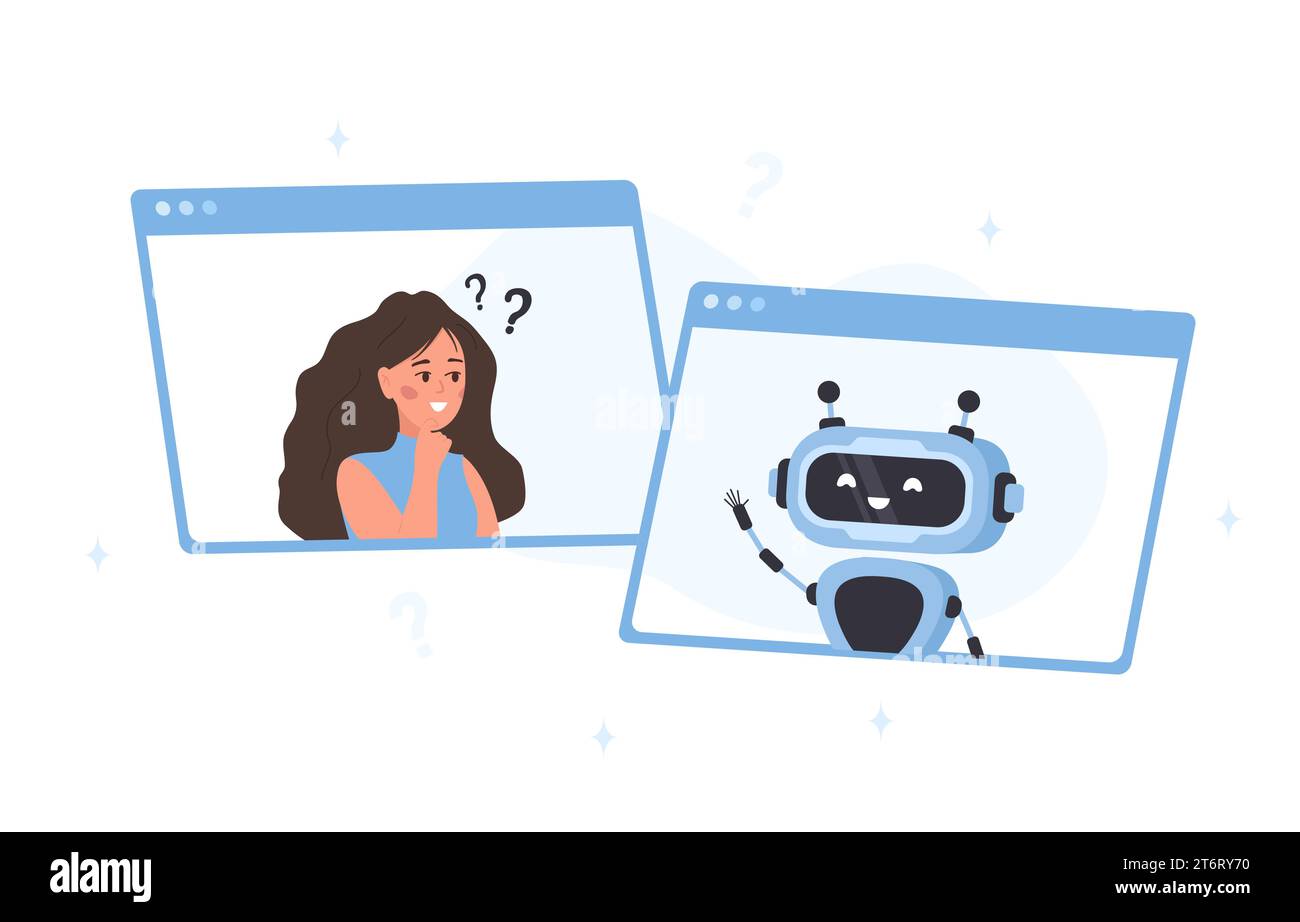 Chatbot concept. Woman talking with robot. AI assistant. Girl asking ...
