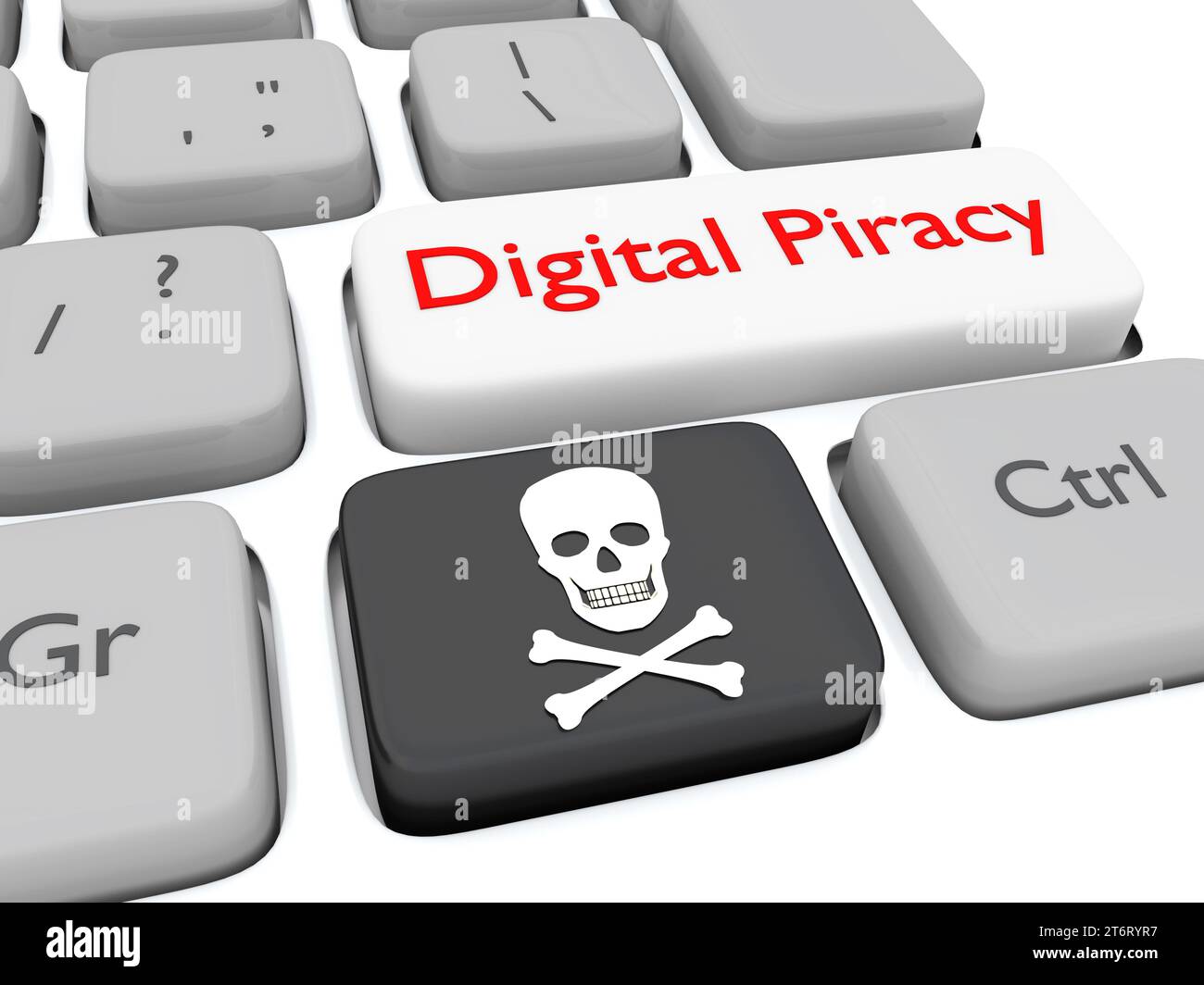 3D illustration of a human skull on a black key of a pc keyboard, with ...