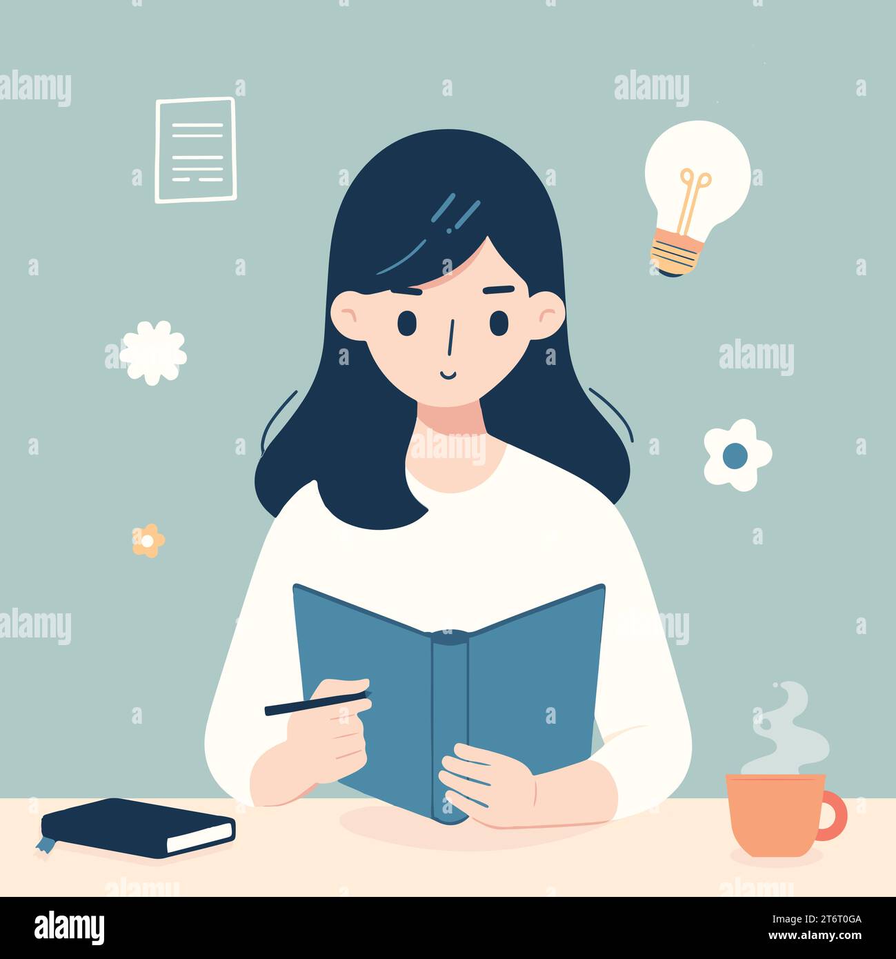 happy student reading a book and holding a pen, education concept, flat ...