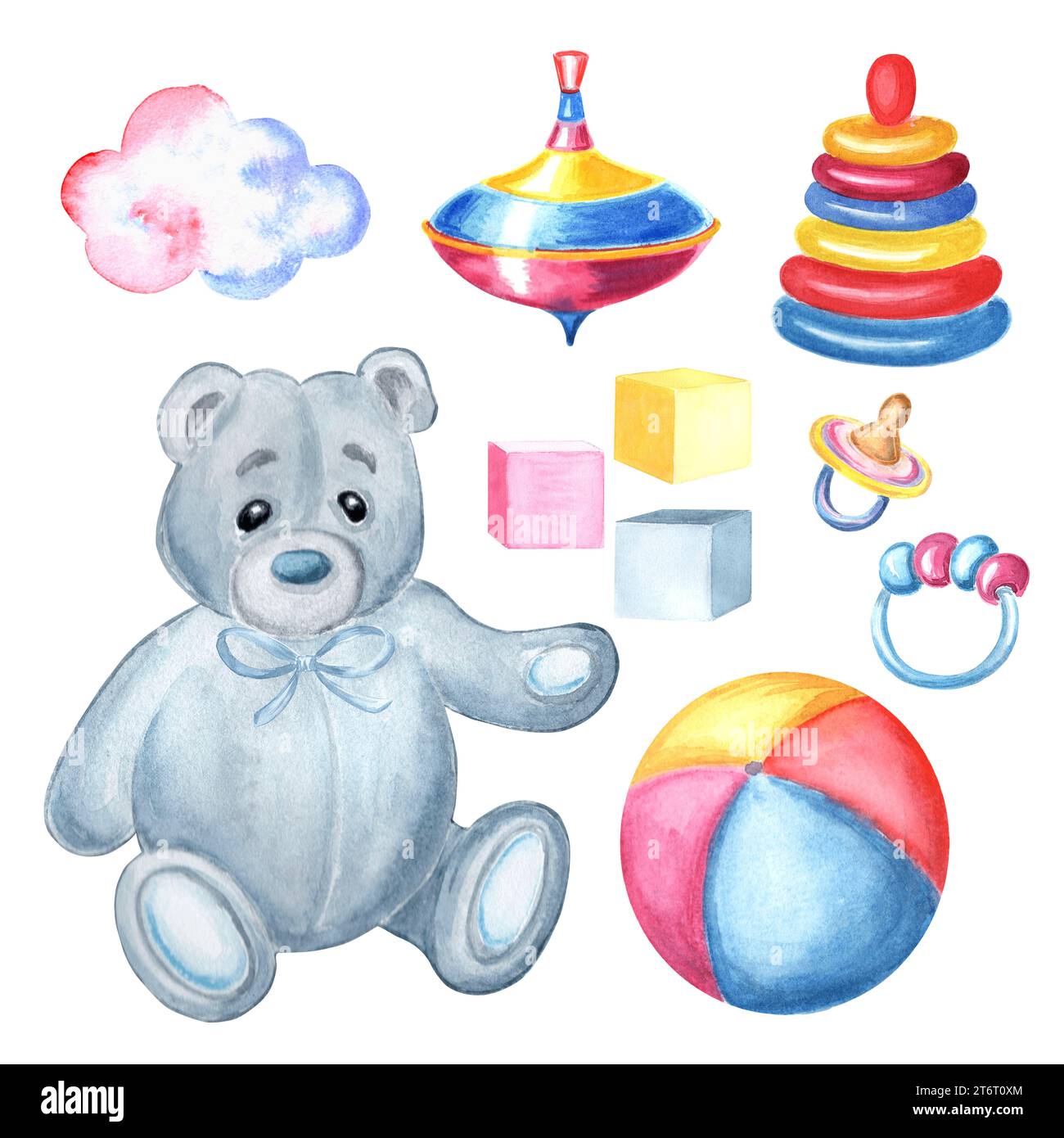 Watercolor teddy bear with baby toys colorful pyramid and spinning top ...