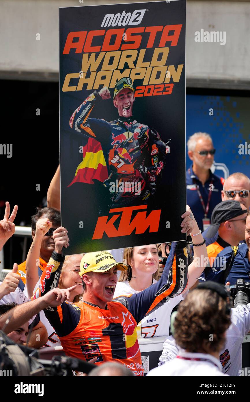 Spanish rider Pedro Acosta celebrates his 2023 Moto2 World Champion ...