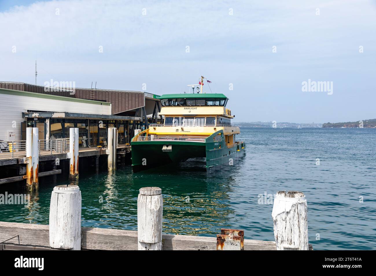 Sydney ferry named MV Fairlight at Manly Beach ferry wharf on Sydney ...