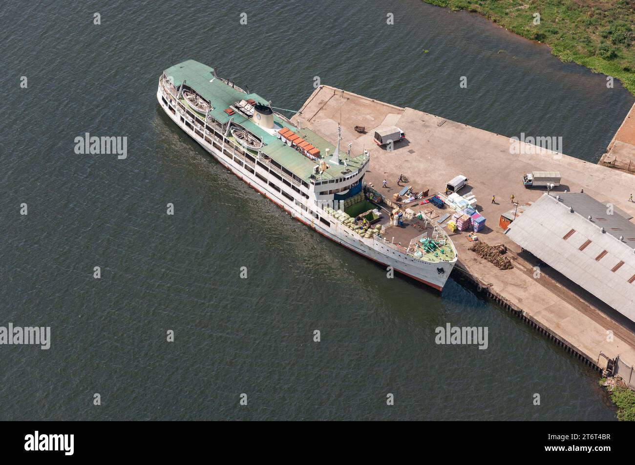 Birds eye view of the Victoria vessel moored at a pier in Mwanza ...