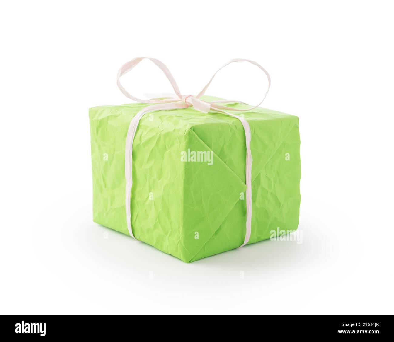 crumpled paper bright green color present box with white recycled paper ...