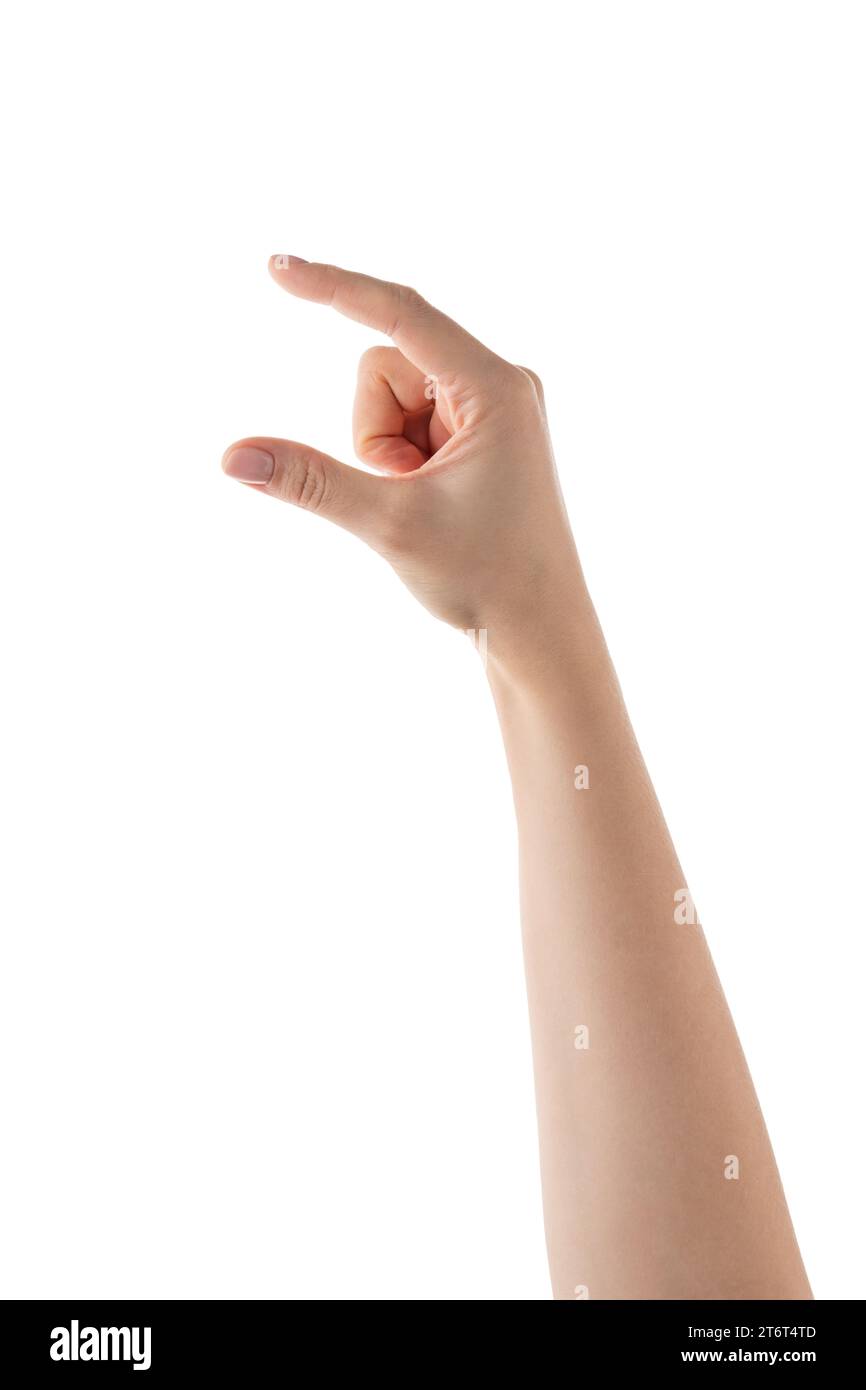 Young female right hand hold something medium sized isolated on white ...