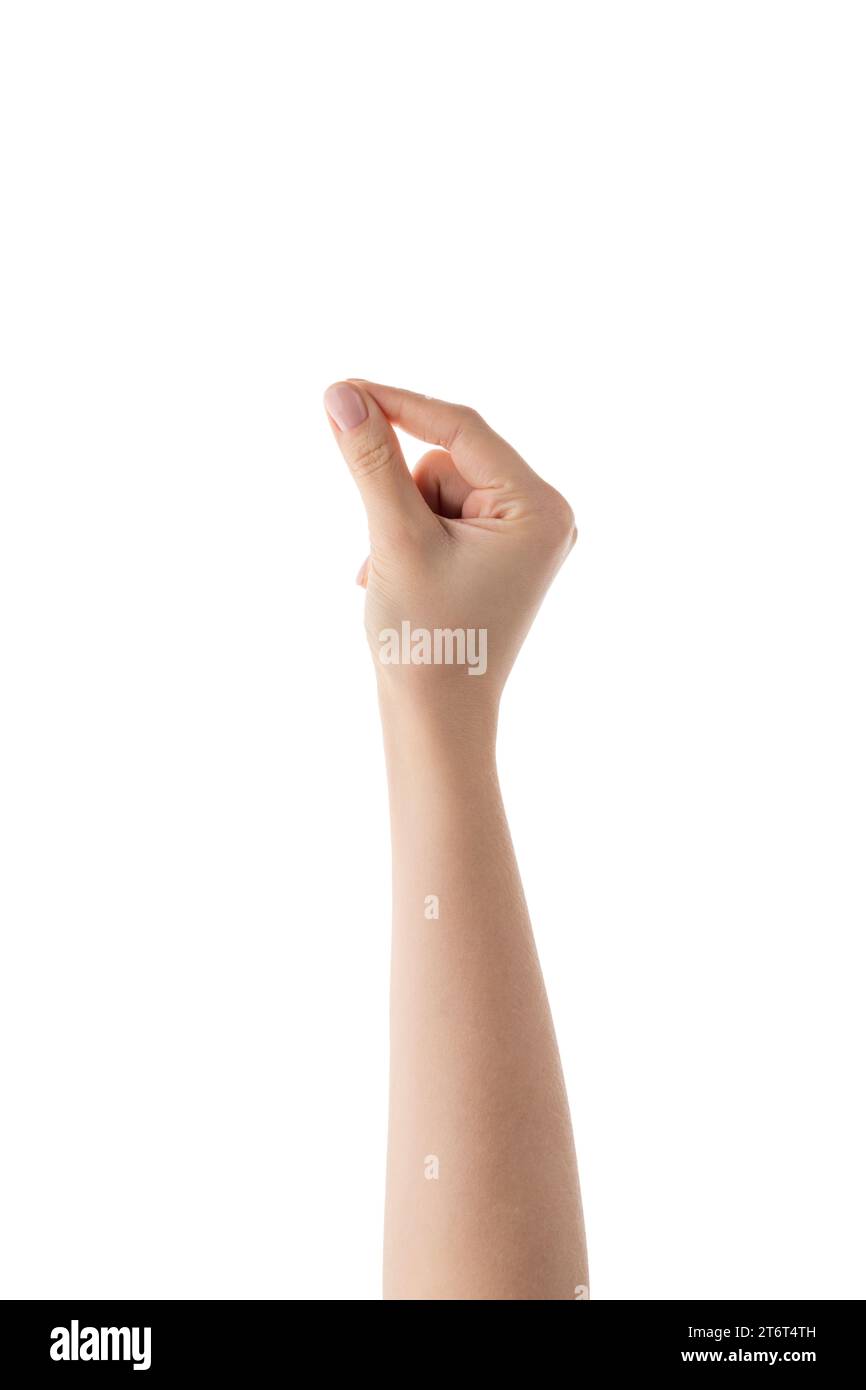 Young female right hand hold something thin or small isolated on white ...