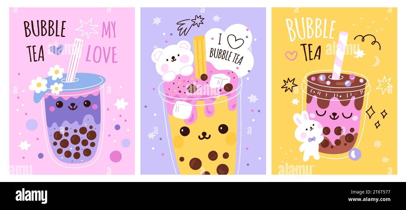 Bubble tea cards. Plastic cups with tapioca pearls drink. Boba milk ...