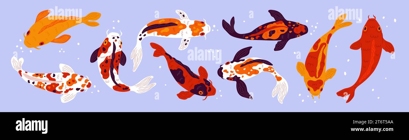 Cartoon koi fish. Different colors pond Japanese carps top view ...