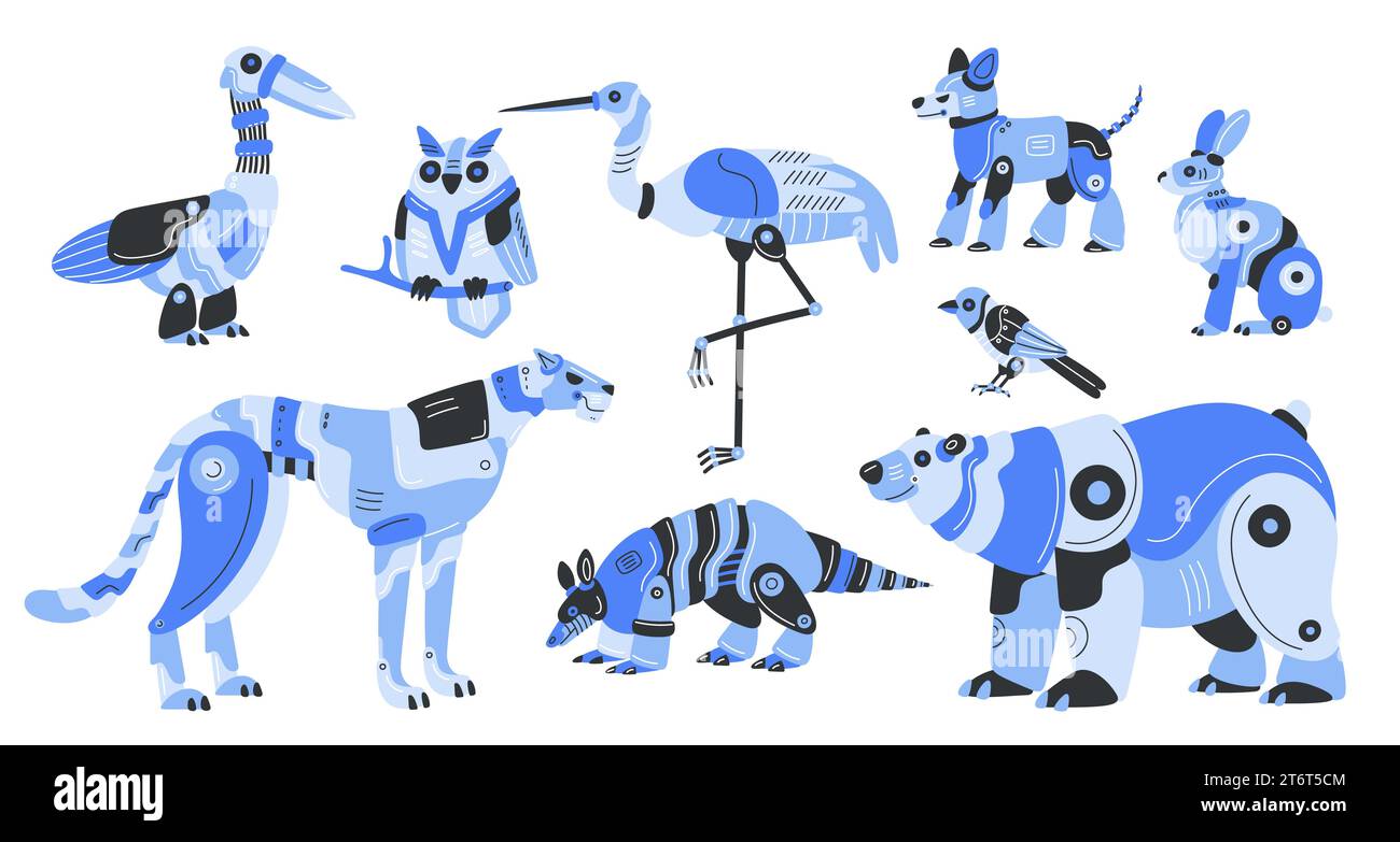 Cartoon robotic animals. Futuristic technologies. Cyber fauna androids ...