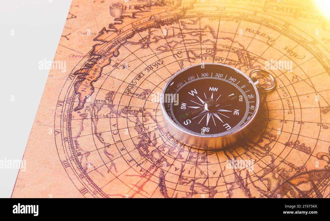 Looking for adventure. Compass and maps. Treasure map and path to the ...