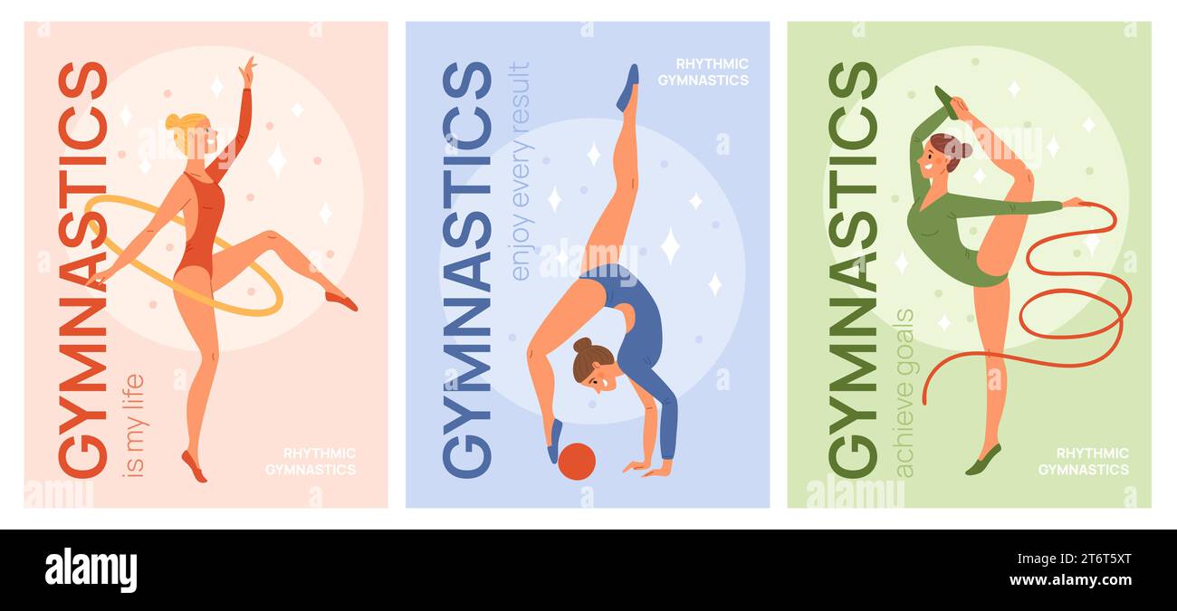 Rhythmic gymnastics cards. Cartoon young girl athletes with ball, hoop ...