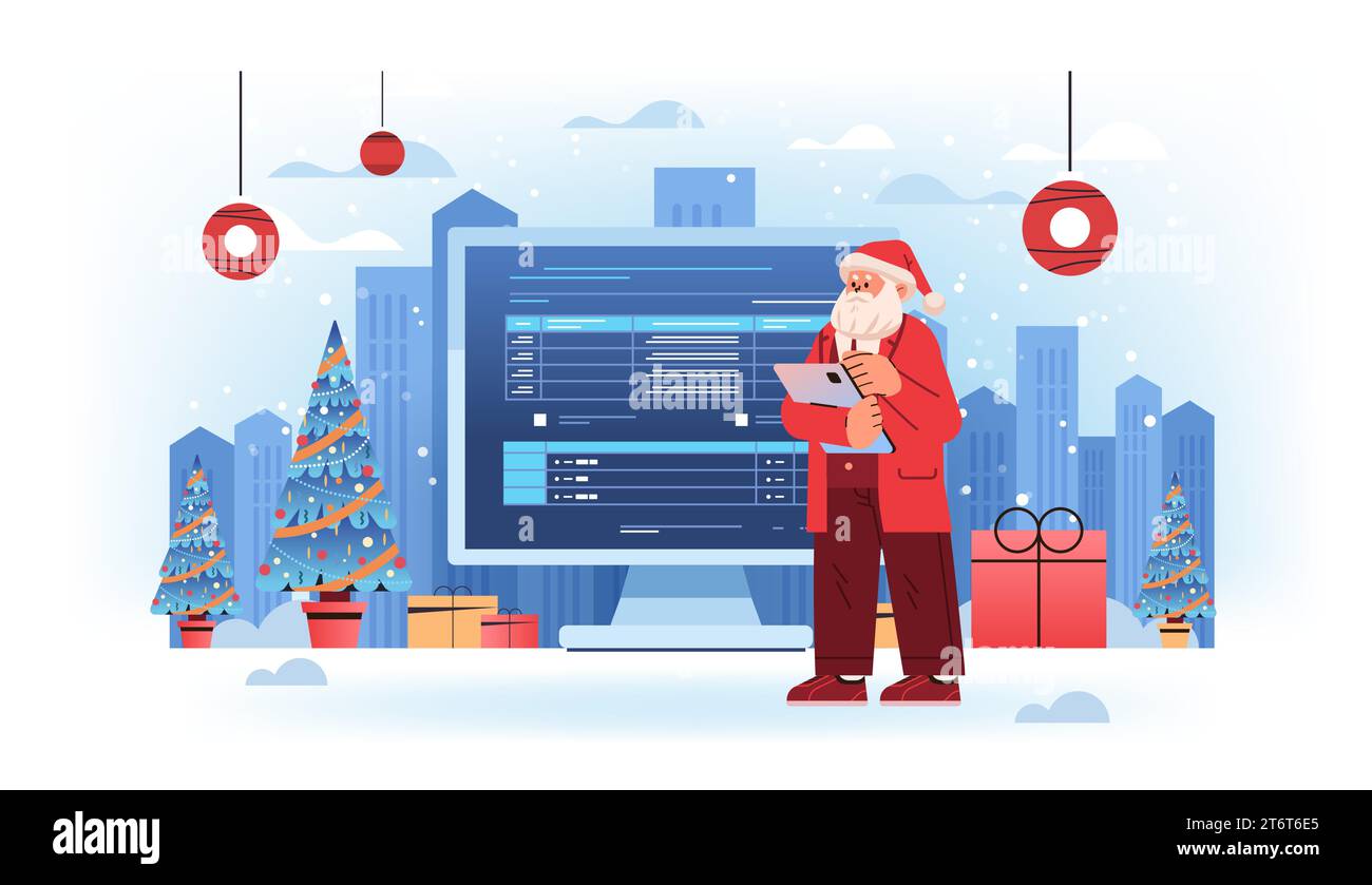 santa claus in red costume analyzing financial data on charts planning ...
