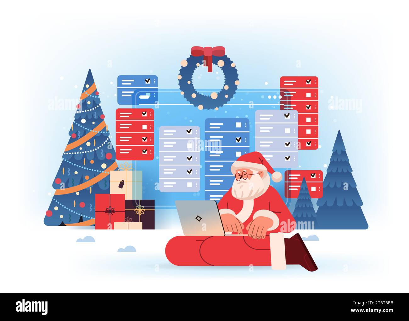 santa claus in red costume making complete tasks on checklist happy new ...