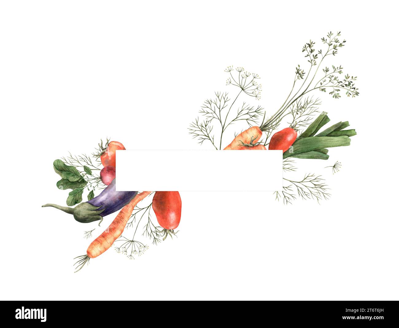 Watercolor vegetables frame border with tomatoes, onions, eggplants ...