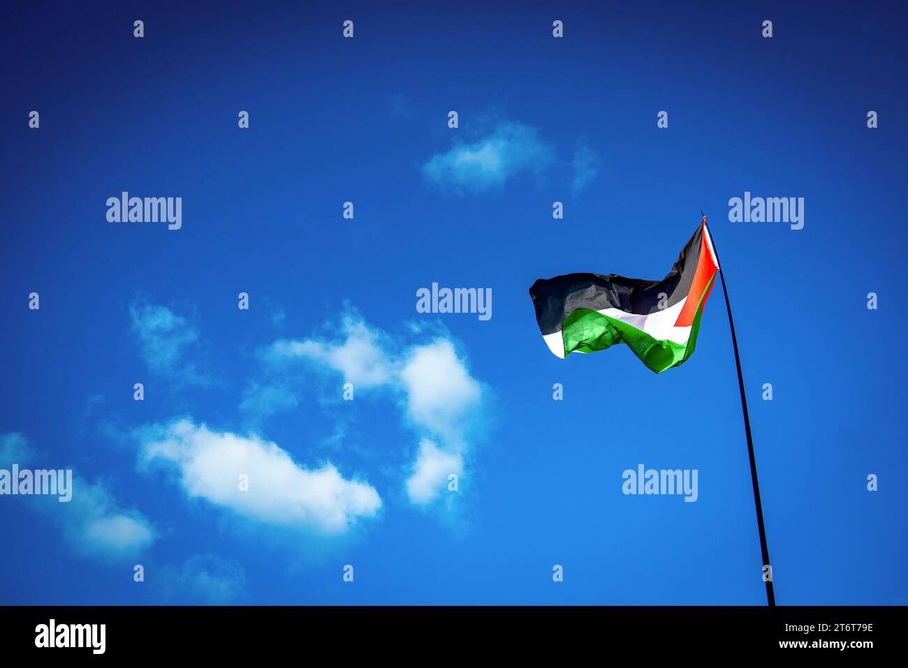 A Palestinian flag waves during the National March For Palestine ...