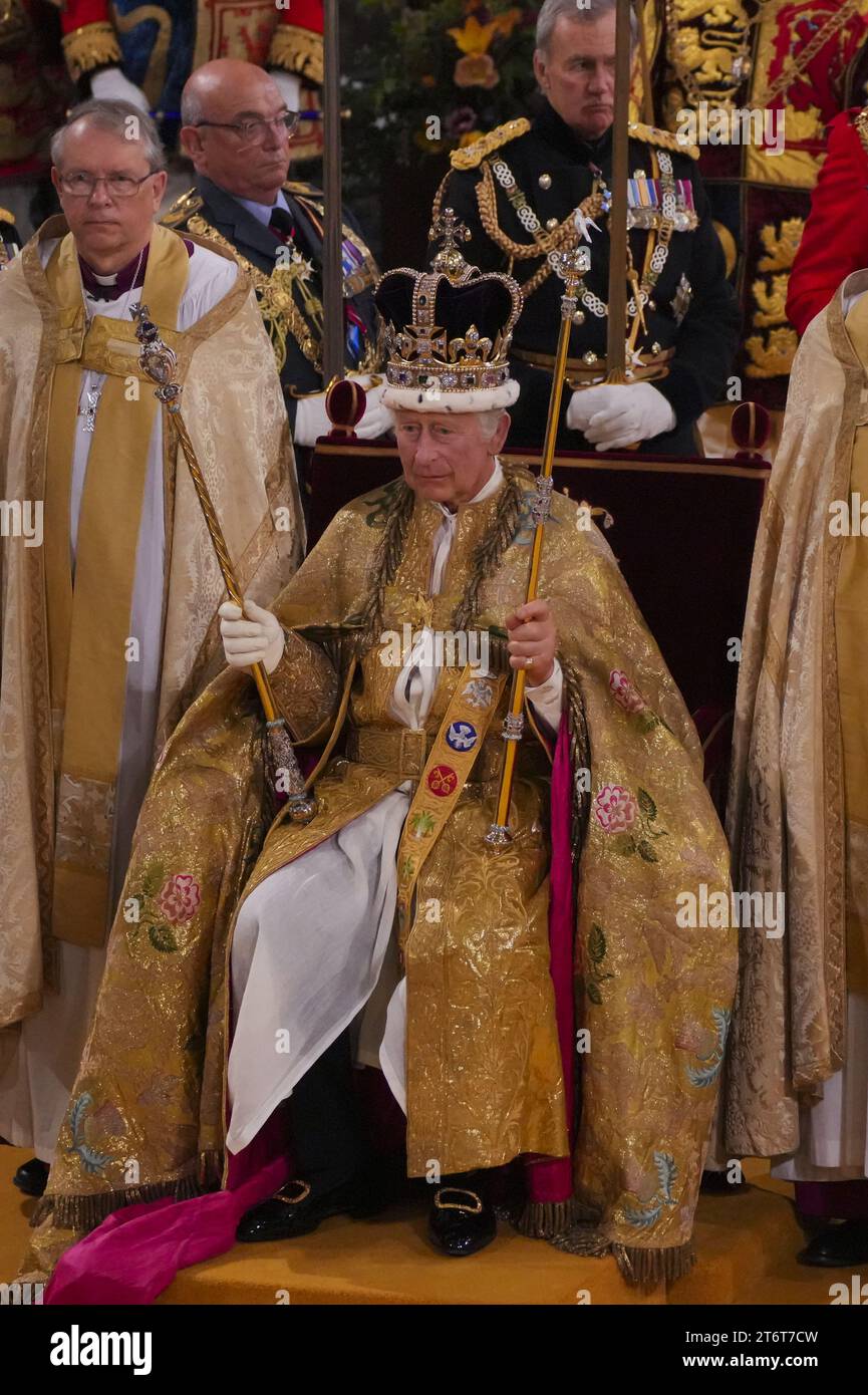 File photo dated 06/05/23 of King Charles III seated in St Edward's ...