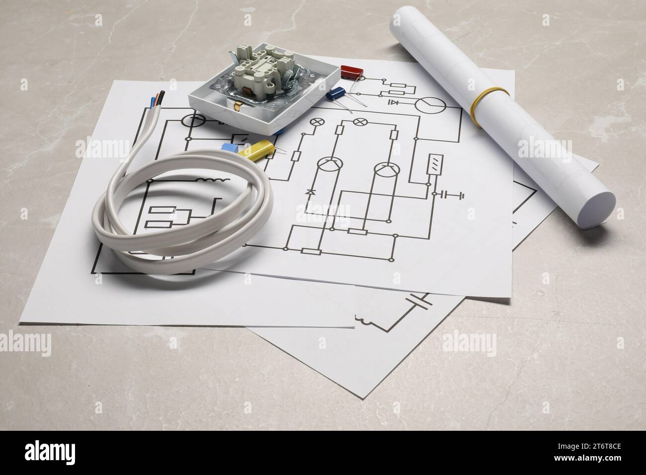Wiring diagrams, wires and disassembled light switch on table Stock ...