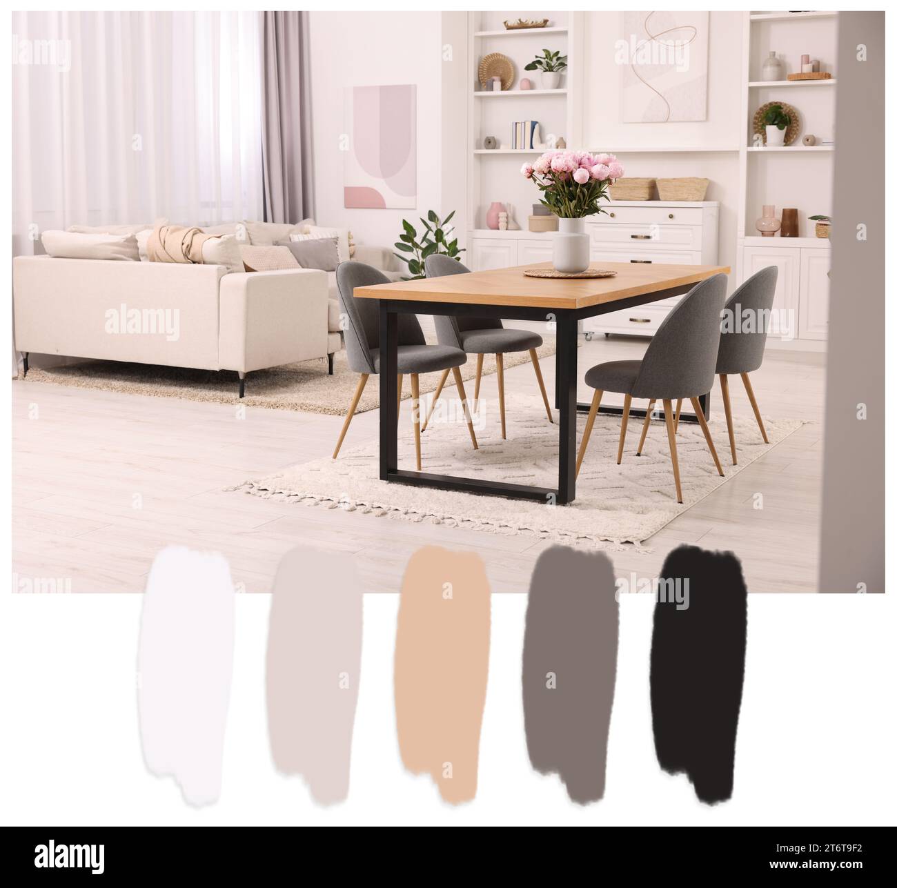 Spacious dining room with furniture. Color palette matching to this ...