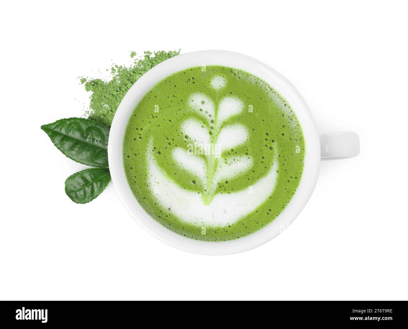 Delicious matcha latte in cup, leaves and powder on white background ...