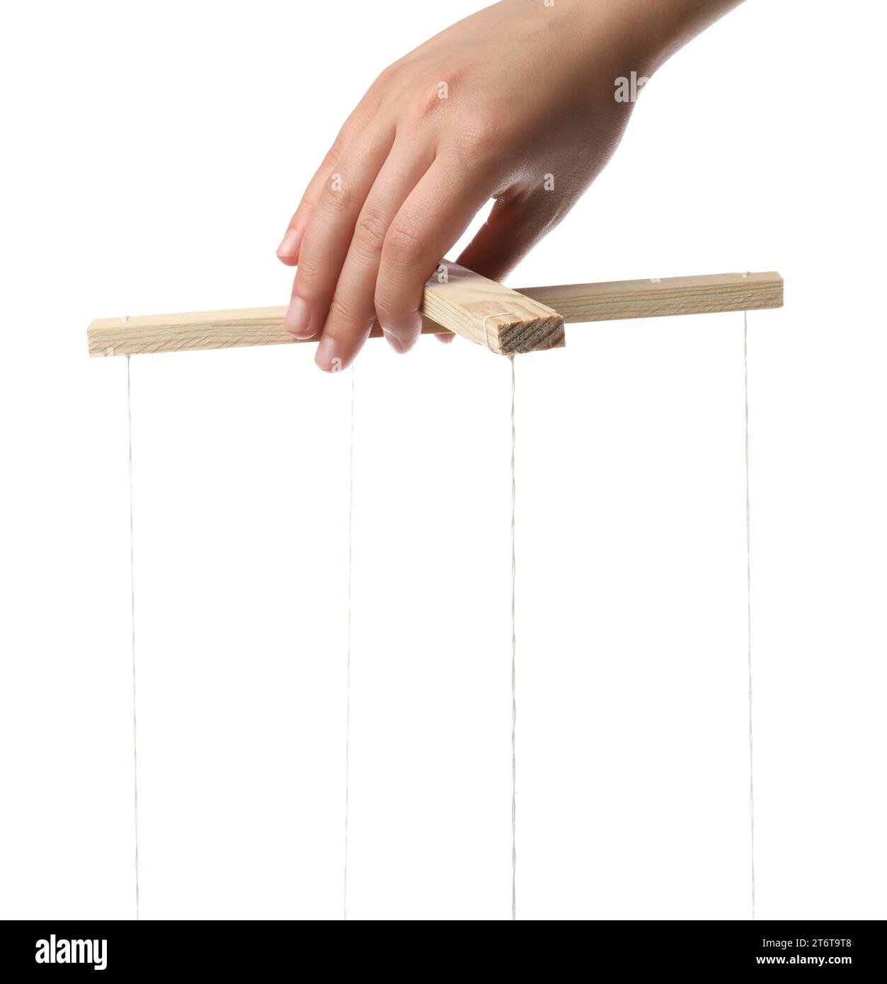 Woman pulling strings of puppet on white background, closeup Stock ...