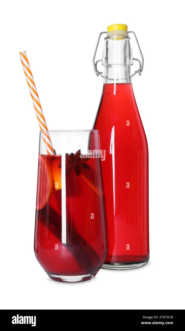 Bottle and glass with tasty punch drink isolated on white Stock Photo ...