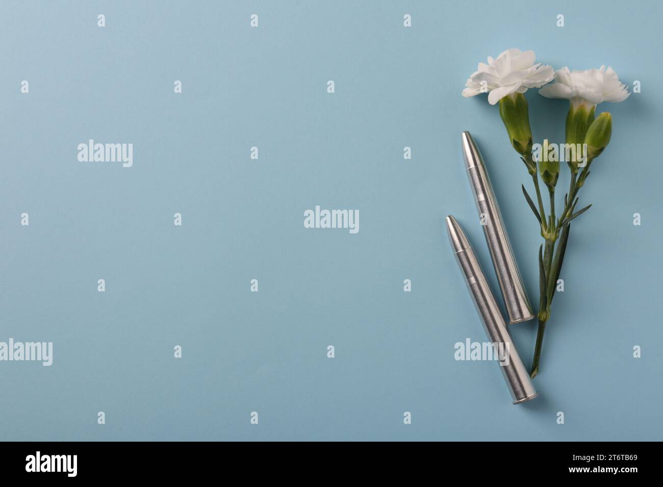 Bullets and beautiful flowers on light blue background, flat lay. Space ...