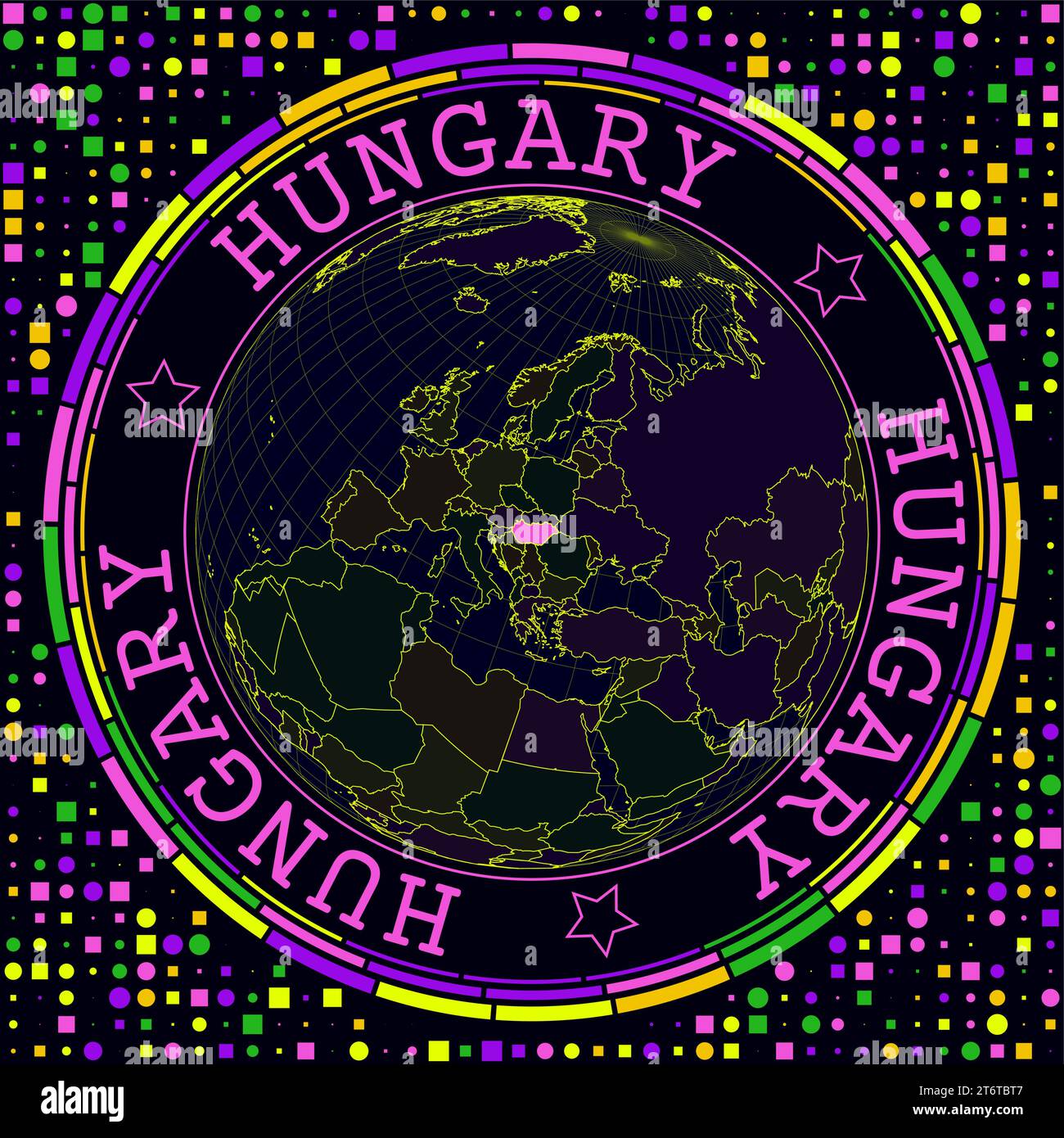 Futuristic Hungary on globe. Bright neon satellite view of the world ...