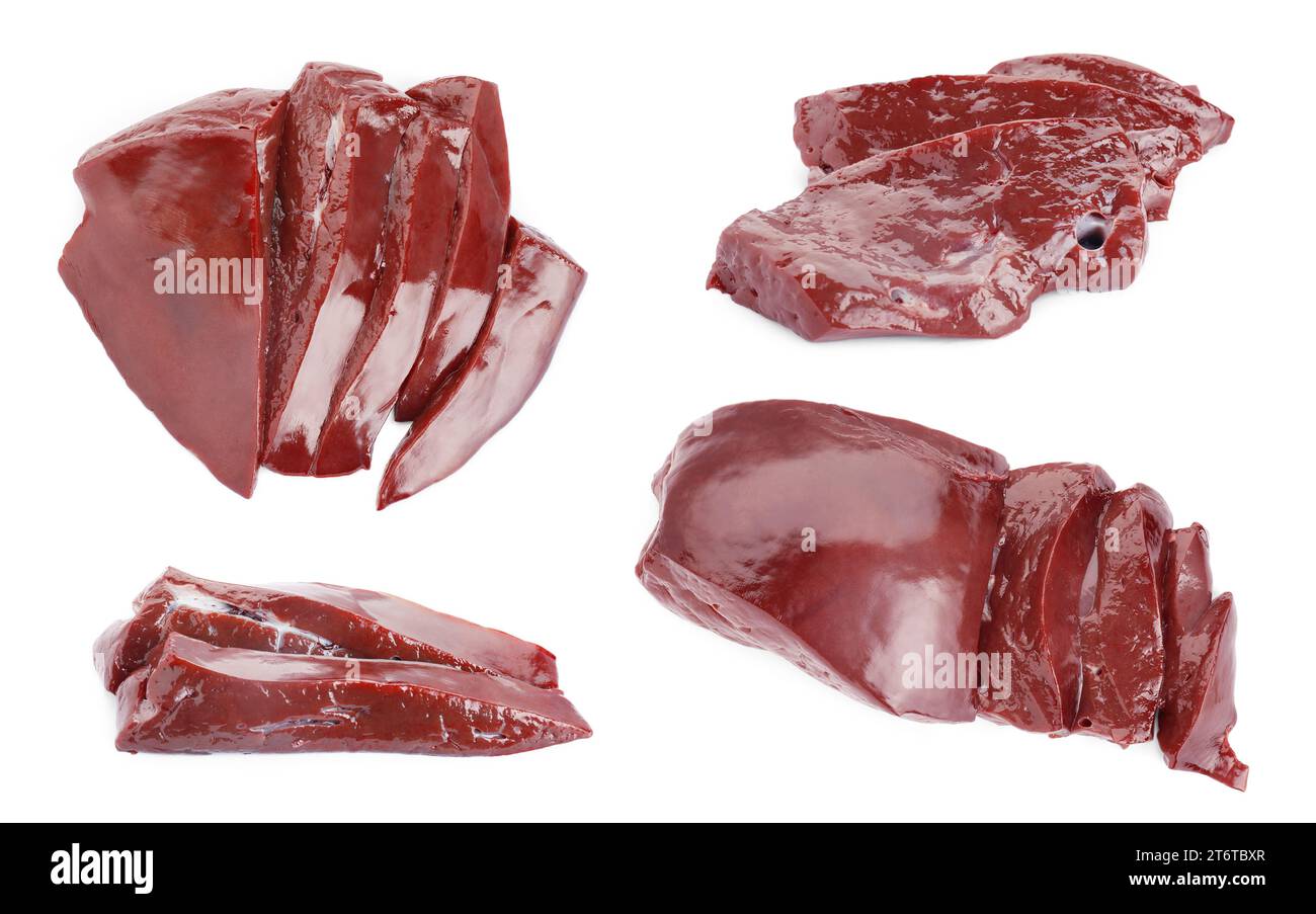 Pieces of raw beef liver isolated on white, different sides Stock Photo ...