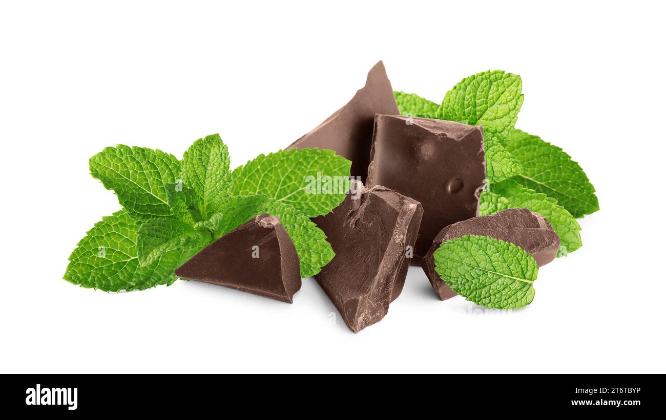 Milk chocolate chunks and mint leaves isolated on white Stock Photo - Alamy