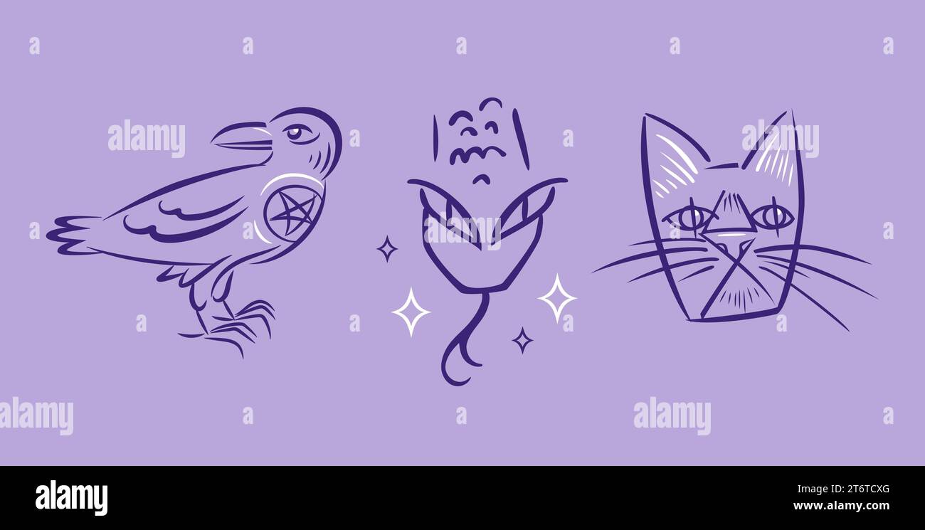 Familiar spirit. A set of creatures. Raven with witch symbol, star ...