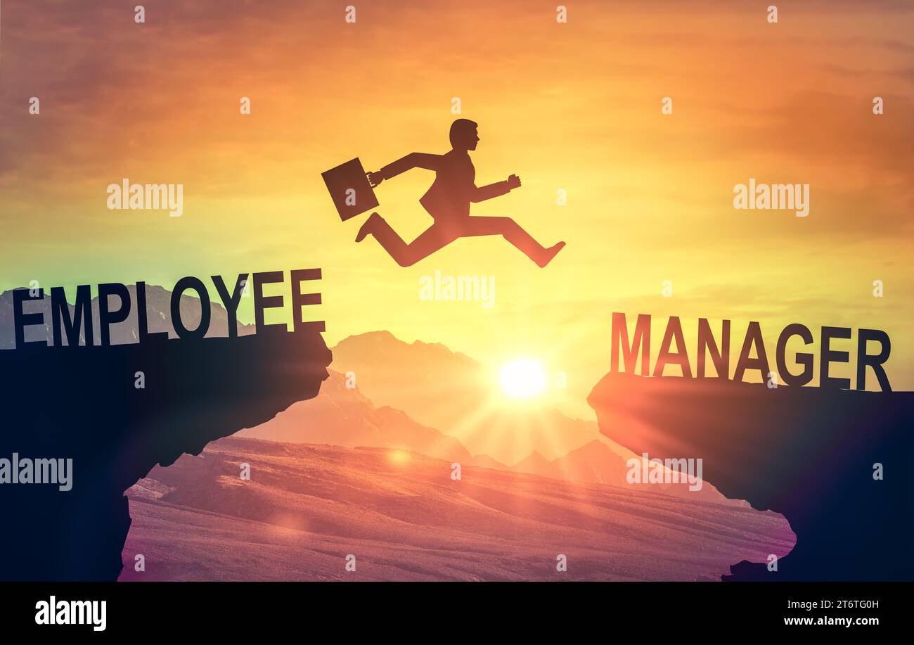 Growth of personal career in business. Silhouette of man jumping from ...