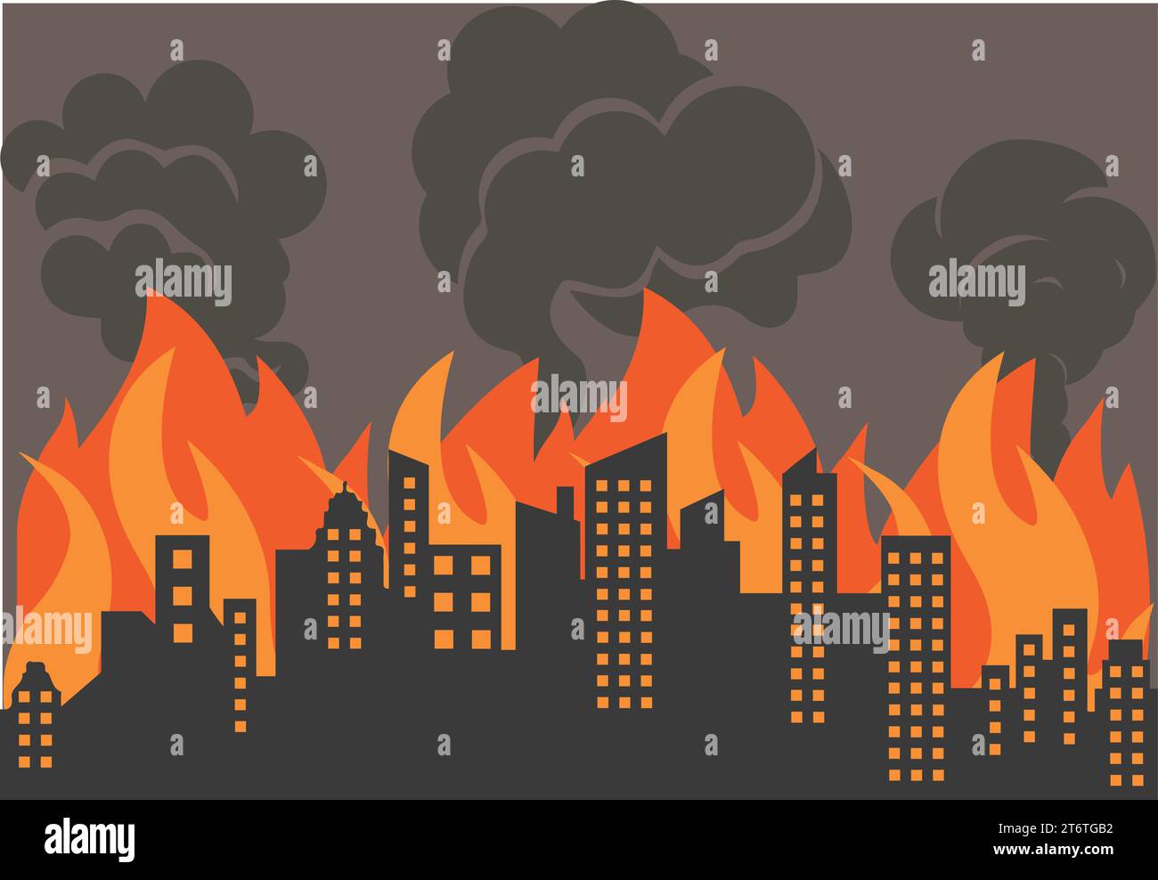City and apartments burning on fire, smoke everywhere illustration ...